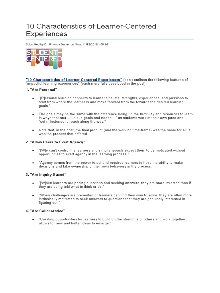 10 Characteristics Of Learner Centered Experiences Pdf Inquiry