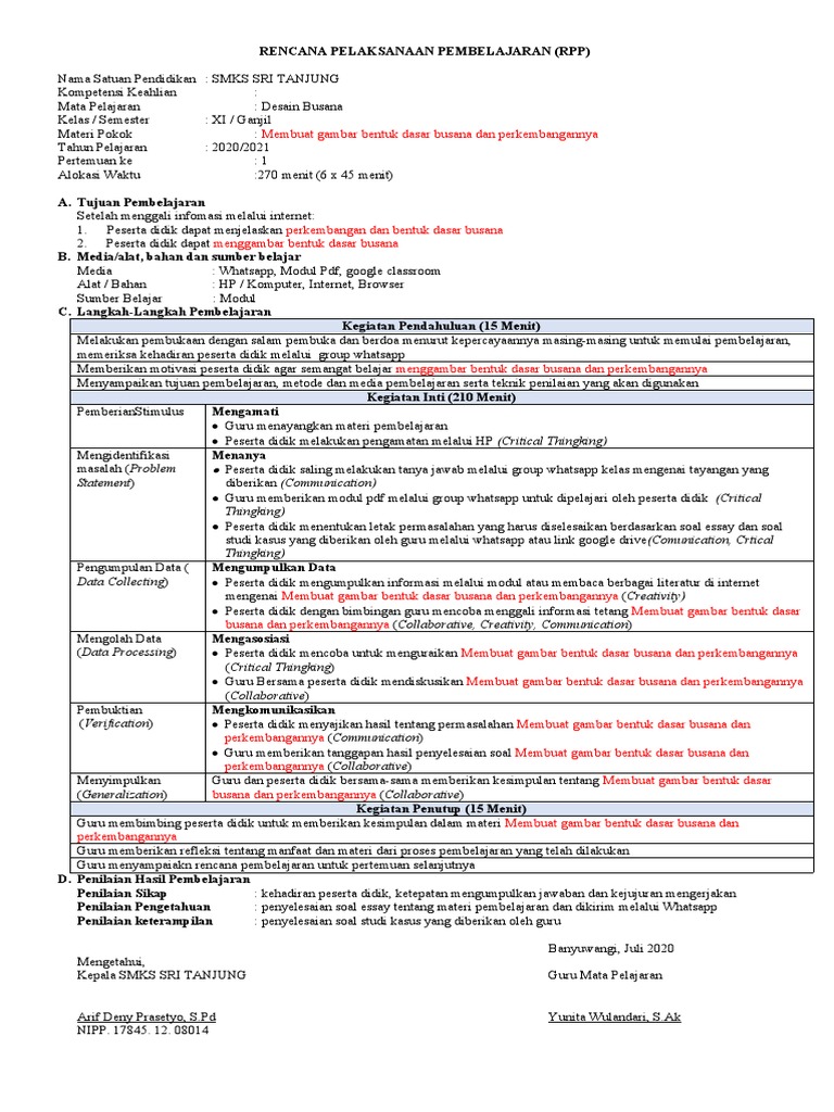 RPP 1 Lembar Desain Busana | PDF
