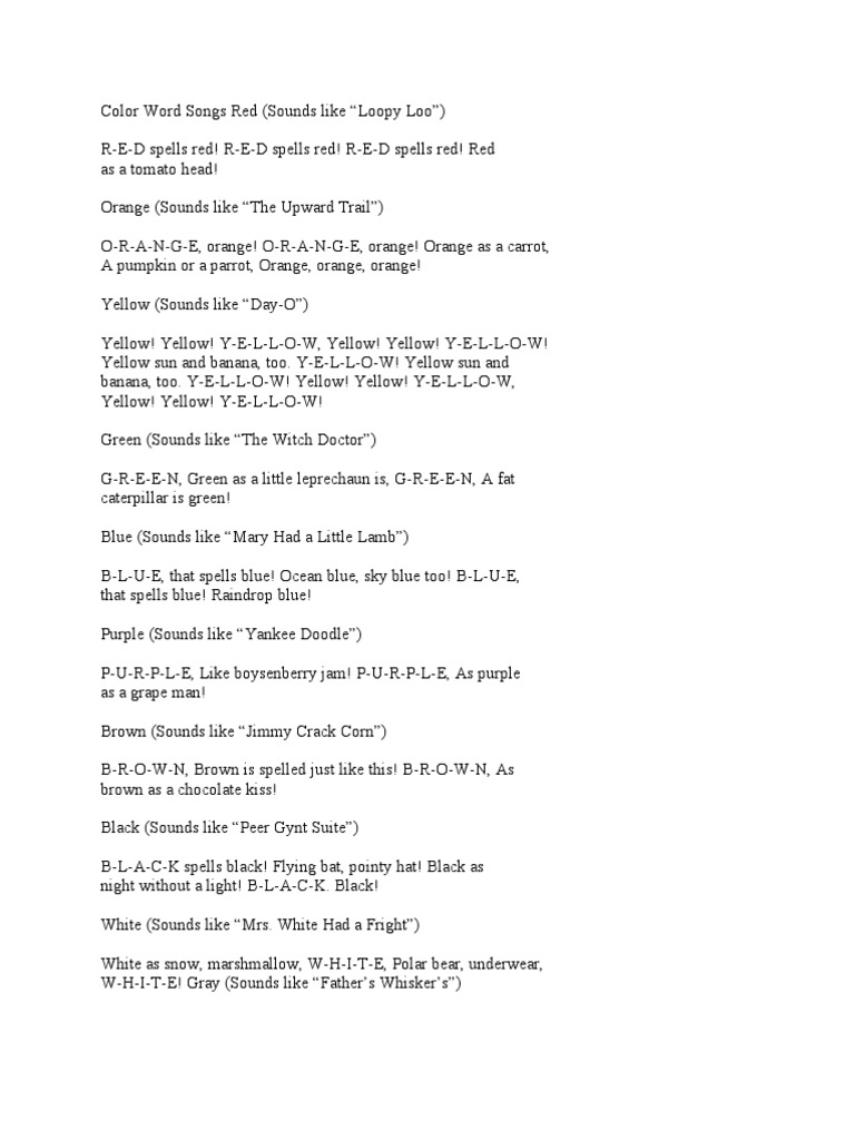 Color Word Songs | PDF