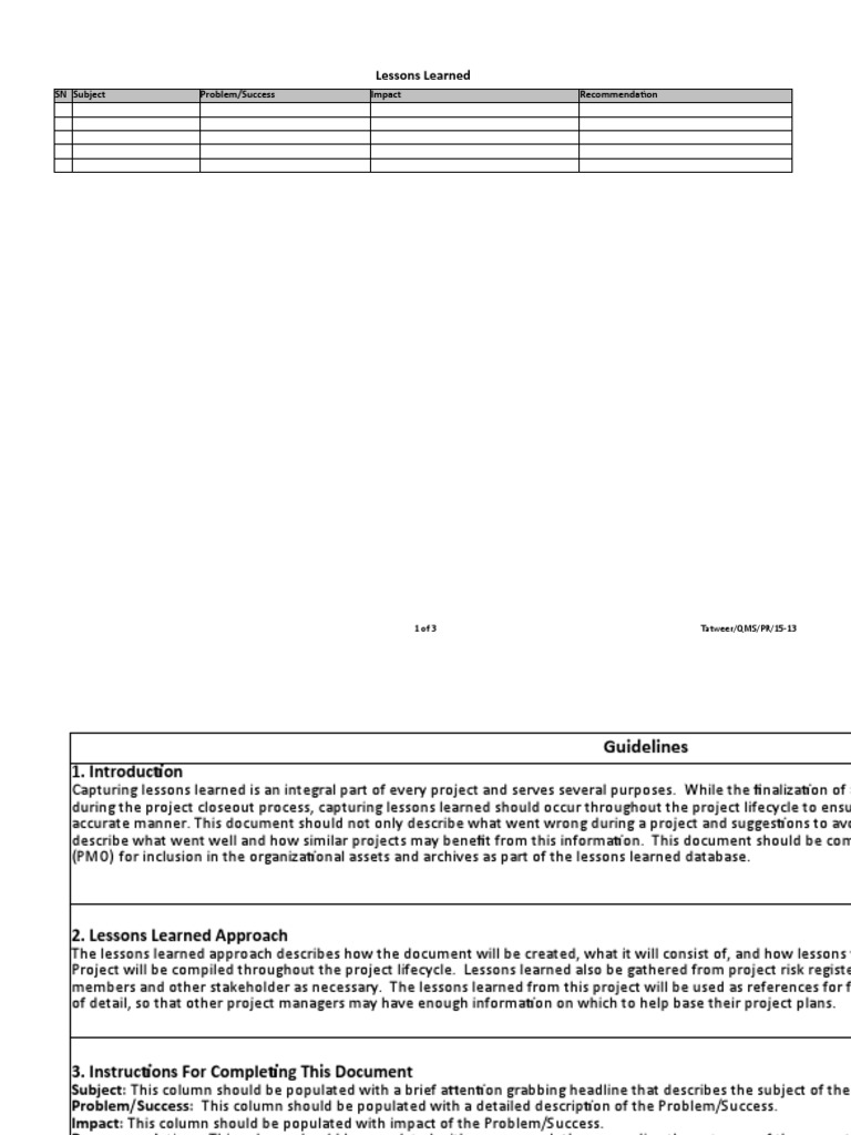 Lessons Learned: SN Subject Problem/Success Impact Recommendation | PDF ...
