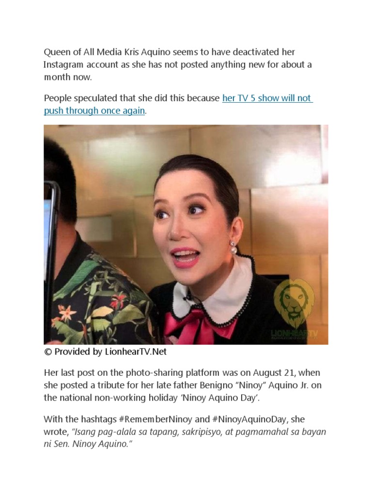 Queen of All Media Kris Aquino Seems To Have Deactivated Her Instagram ...