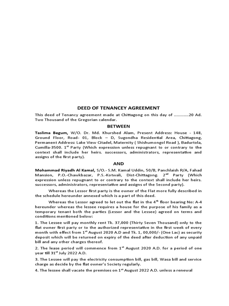 Deed of Tenancey Agreement: Between | PDF | Lease | Civil Law (Legal ...