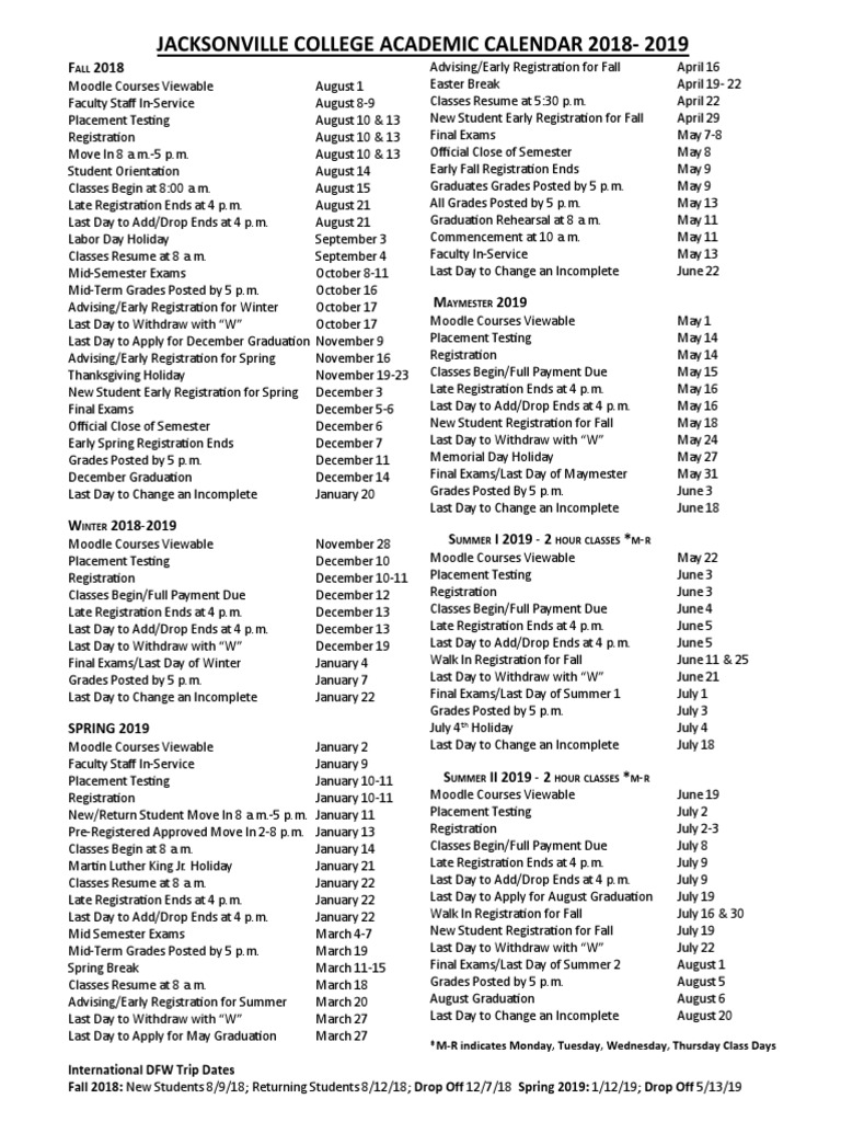 Jacksonville College Academic Calendar 2018-2019 | PDF | Academic Term ...