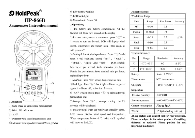 Anemometer Instruction Manual: 3 Specifications | PDF | Wind Speed ...