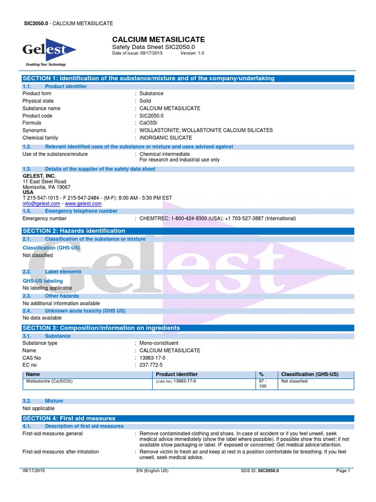 Calcium Metasilicate: SECTION 1: Identification of The Substance ...