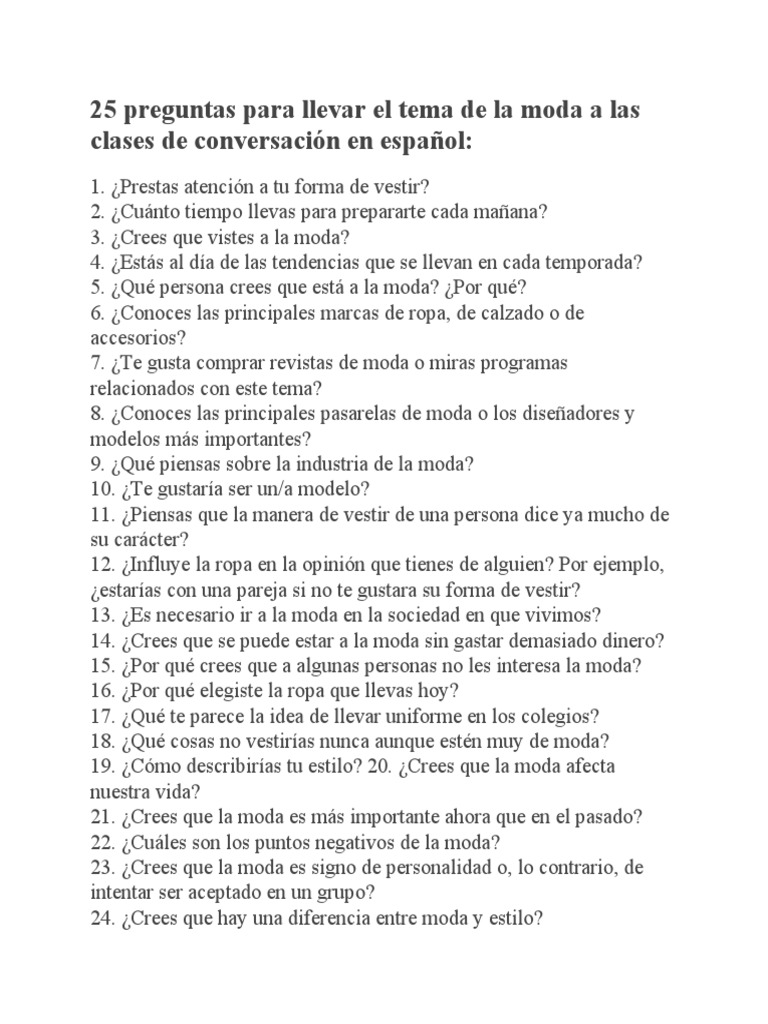 25 Preguntas para Llevar El Tema de La Moda A Las Clases de ...