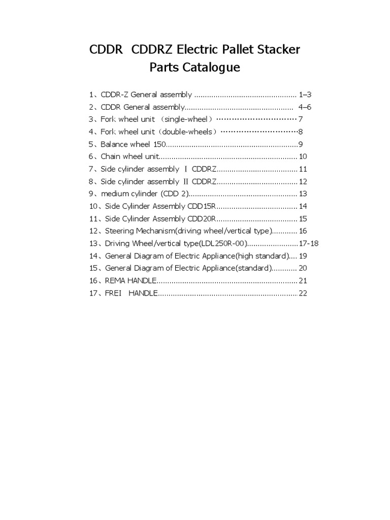 CDDR CDDRZ Electric Pallet Stacker Parts Catalogue | PDF | Manufactured ...