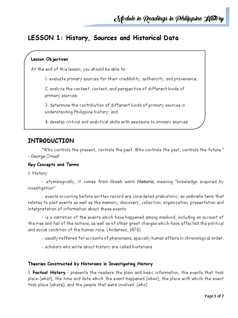 Module in Readings in Philippine History LESSON 1: History, Sources and ...