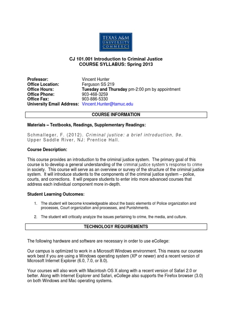 CJ 101.001 Introduction To Criminal Justice COURSE SYLLABUS: Spring ...