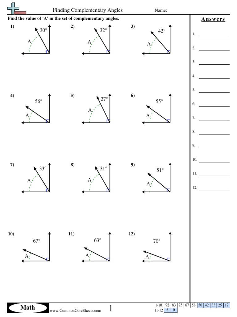 Finding Complementary Angles: 1) 2) 3) Find The Value of 'A' in The Set ...