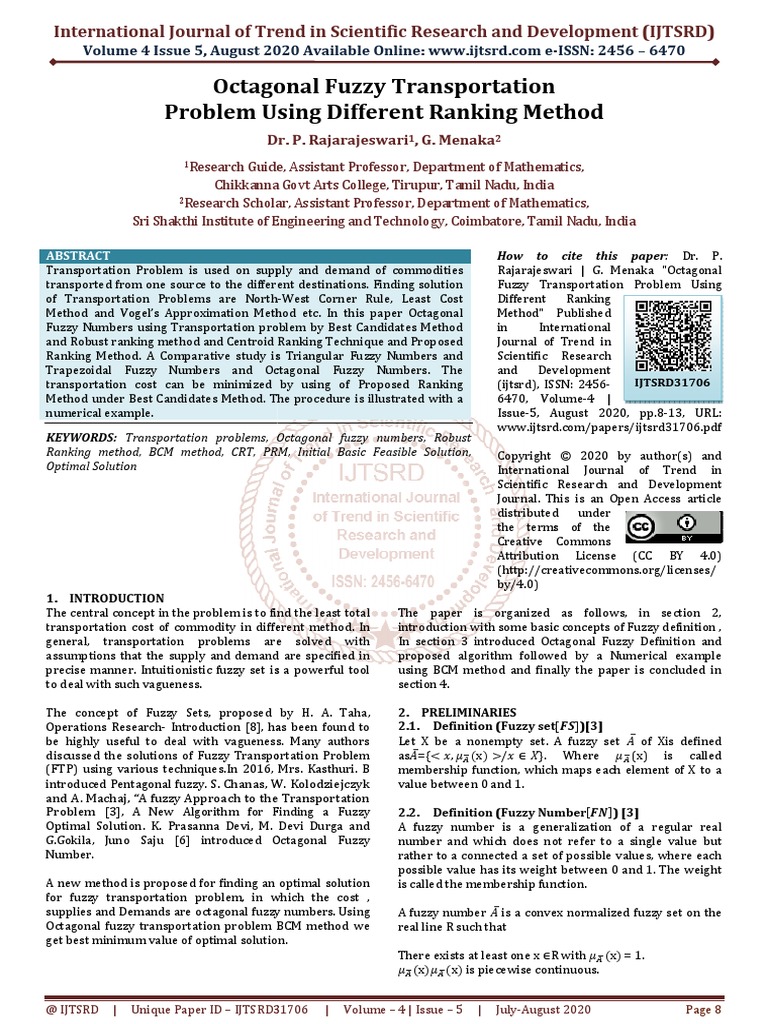 Octagonal Fuzzy Transportation Problem Using Different Ranking Method Pdf Fuzzy Logic