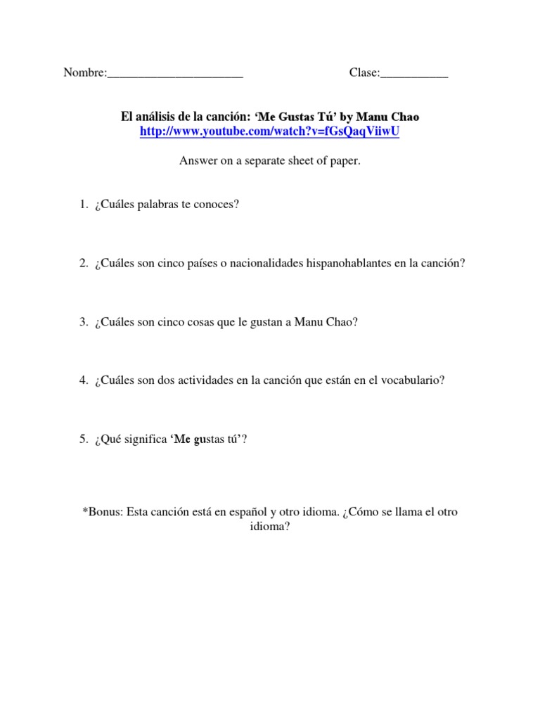 Me Gusta Song Worksheet | PDF