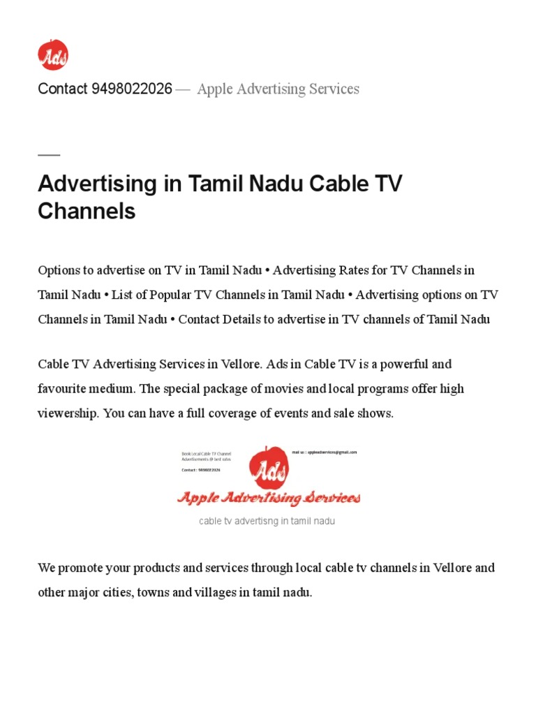 Advertising in Tamil Nadu Cable TV Channels: Contact 9498022026 | PDF ...