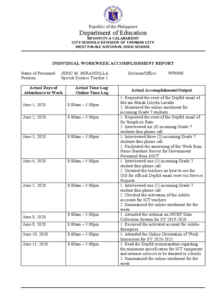 Department of Education: Individual Workweek Accomplishment Report ...