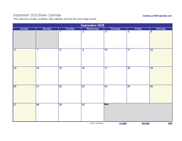 September 2020 Calendar | PDF