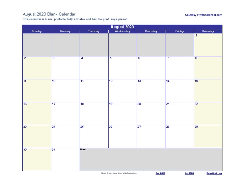 August 2020 Calendar | PDF