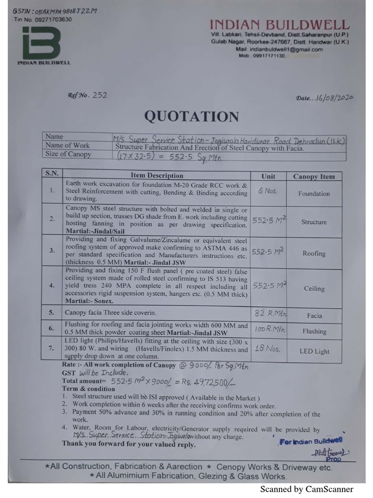 Quotation For Canopy Fabrication of Super Service Station - Jogiwala ...