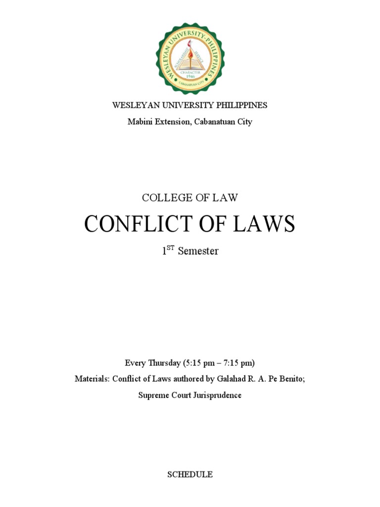 Schedule and Syllabus for Conflict of Laws Course Covering Choice of ...