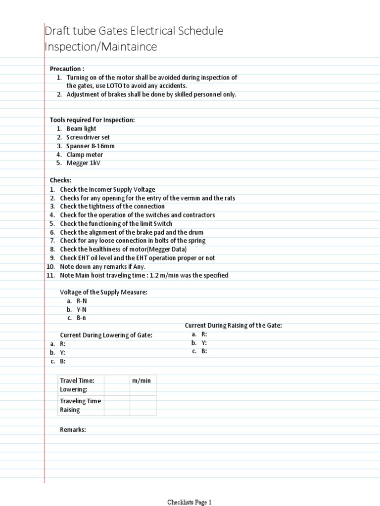 Draft Tube Gates Electrical Schedule Inspection/Maintaince: Checklists ...