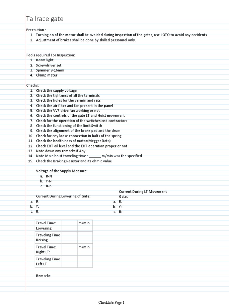Tailrace Gate: Checklists Page 1 | PDF