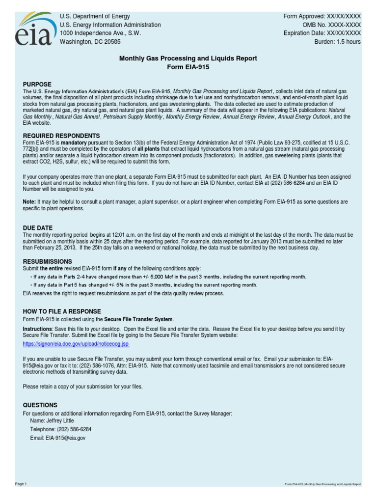 Monthly Gas Processing and Liquids Report Form EIA-915: Purpose | PDF ...