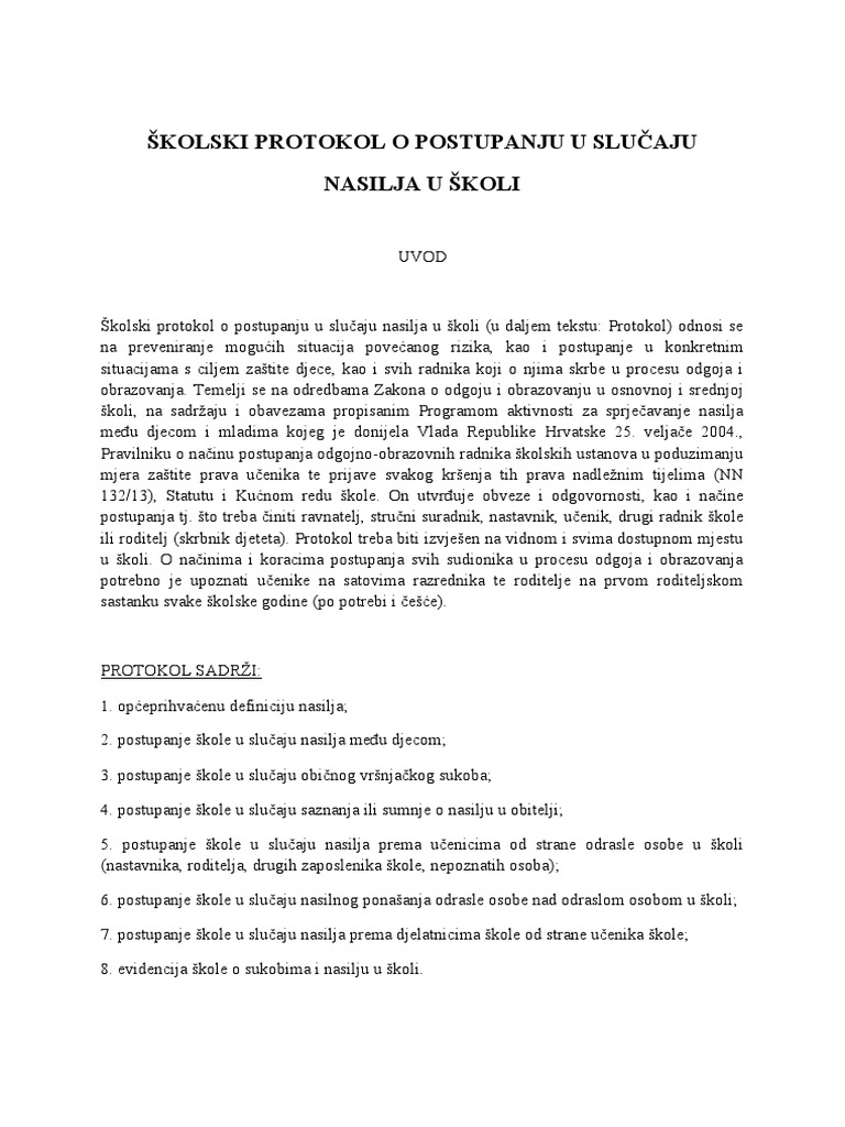 Školski Protokol O Postupanju U Slučaju Nasilja U Školi | PDF