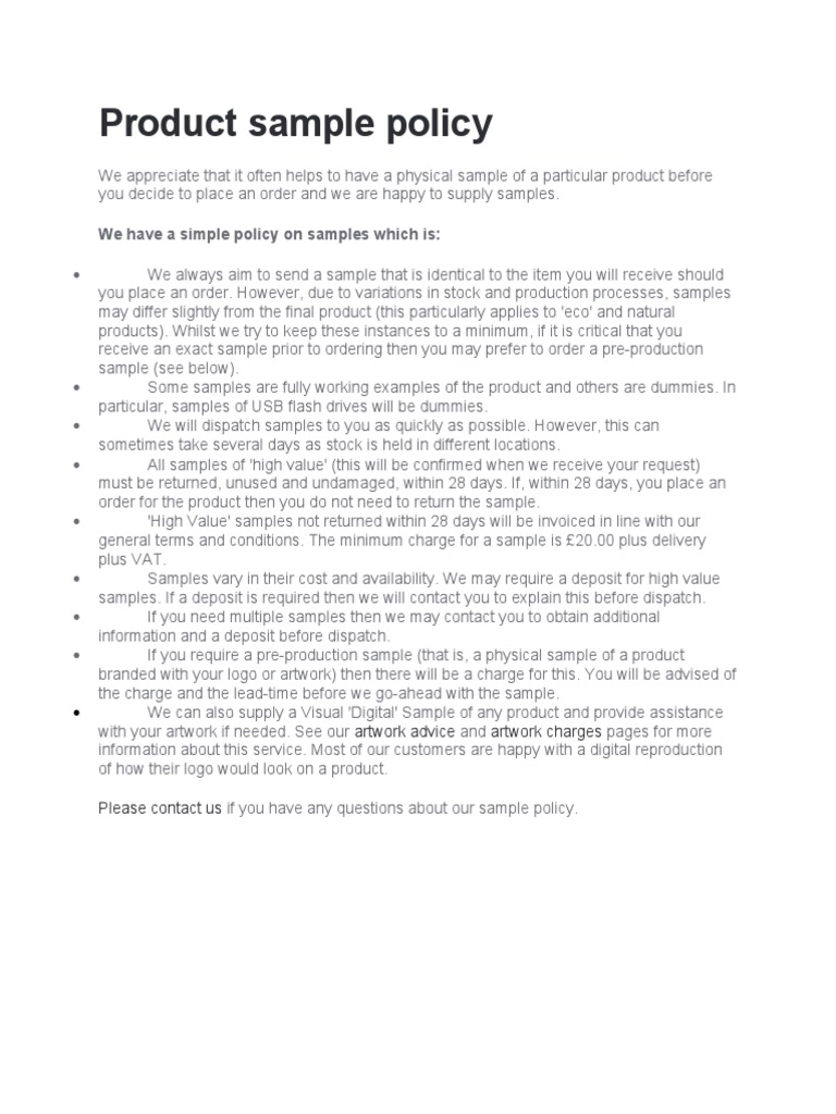 Product Sample Policy: We Have A Simple Policy On Samples Which Is | PDF