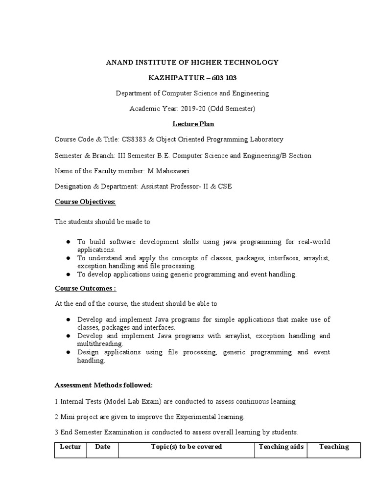 CS8383 OOPS LAB Lesson Plan - B Section Odd Sem 20-21 | PDF | Class (Computer Programming ...