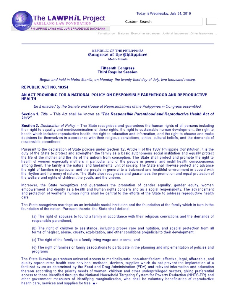 RA 10354 Parenthood and RH Act | PDF | Reproductive Health | Family ...