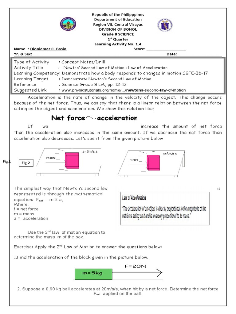Applying Newton's Second Law of Motion: A Worksheet on Calculating ...