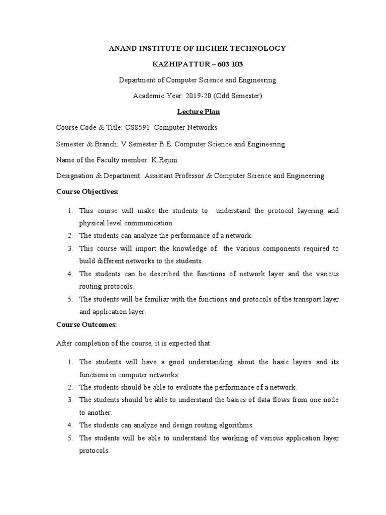 CS8591 CN Lecture Plan Format | PDF | Internet Protocols | Computer Network
