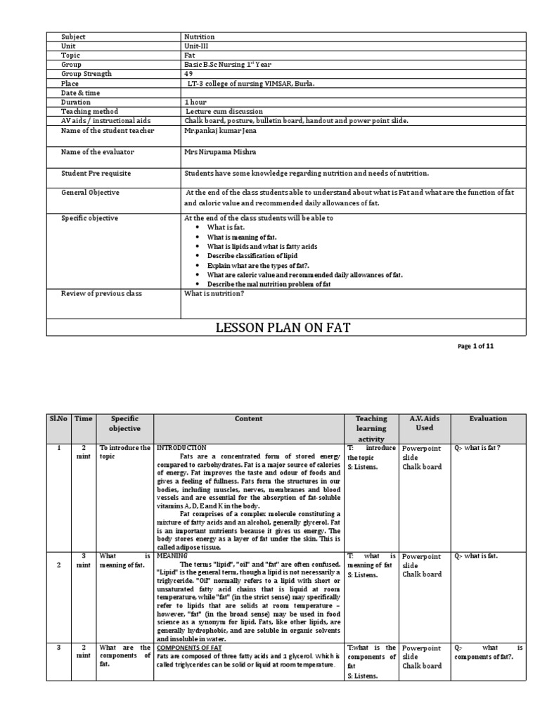 Lesson Plan Fat | PDF | Fat | Saturated Fat
