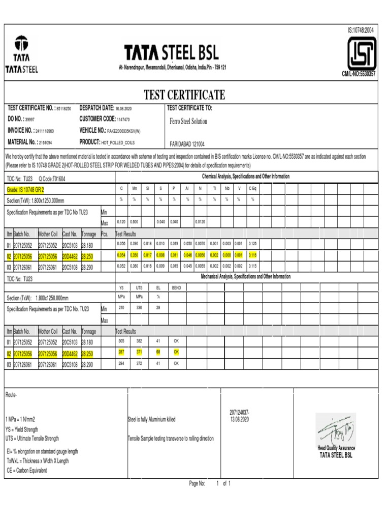 Test Certificate: Ferro Steel Solution | PDF | Ultimate Tensile ...