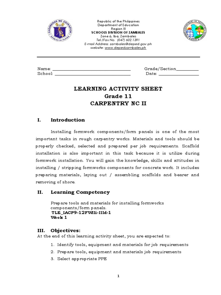 Learning Activity Sheet Grade 11 Carpentry NC Ii: Week 1 | PDF ...
