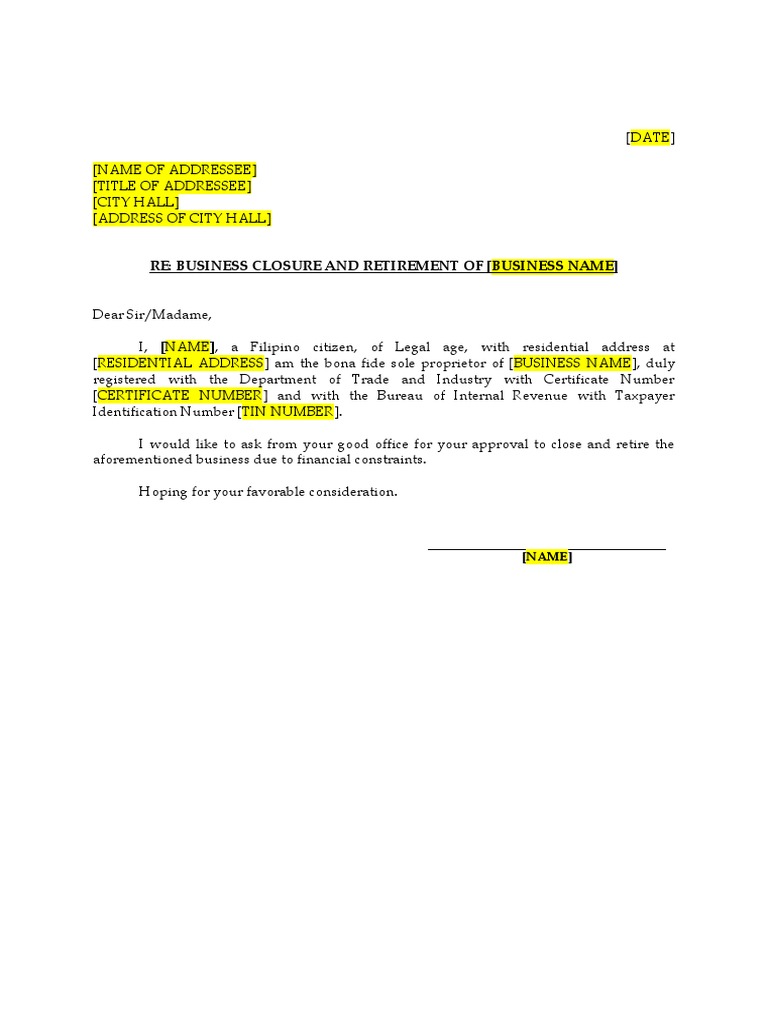 Business Closure Request Letter | PDF