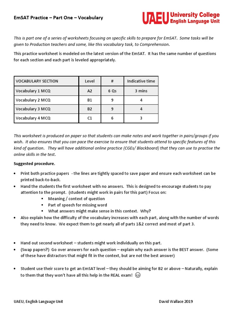 EmSAT Vocabulary Practice Worksheet | PDF | Worksheet | Vocabulary