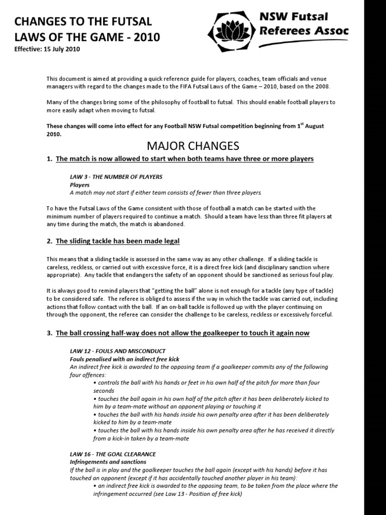 Major Changes: Changes To The Futsal Laws of The Game 2010 | PDF ...