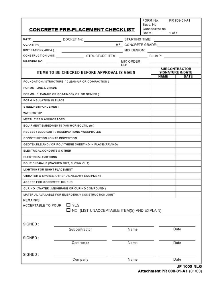 PR808-01-A01 Concrete Pre-Placement Checklist | PDF