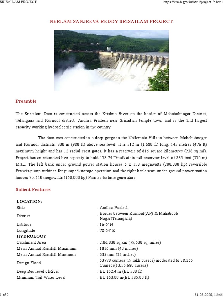 Neelam Sanjeeva Reddy Srisailam Project | PDF | Water And Politics ...