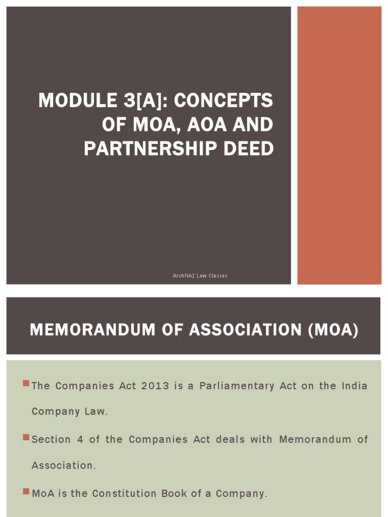 Module 3 (A) : Concepts of Moa, Aoa and Partnership Deed: Archnaz Law Classes | PDF | Articles ...