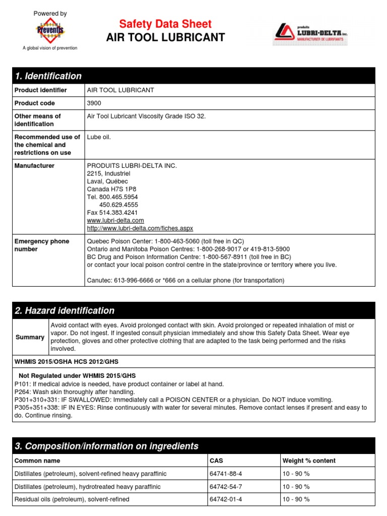Air Tool Lubricant Safety Data Sheet | PDF | Toxicity | Dangerous Goods