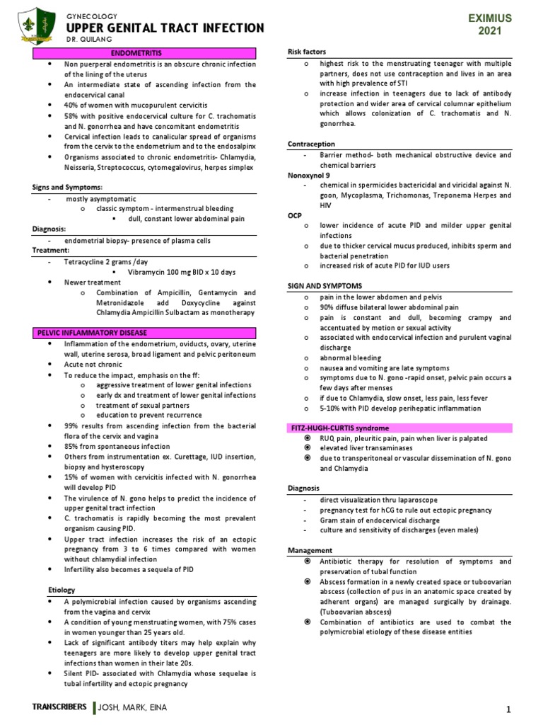 Upper Genital Tract Infection | PDF | Mammal Female Reproductive System | Gynaecologic Disorders