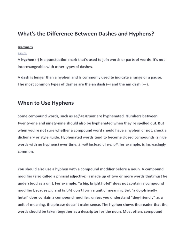 Hyphens vs. Dashes Explained | PDF | Language Mechanics | Grammar