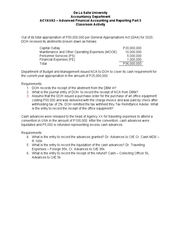 De La Salle University Accountancy Department ACYAVA3 - Advanced Financial Accounting and ...