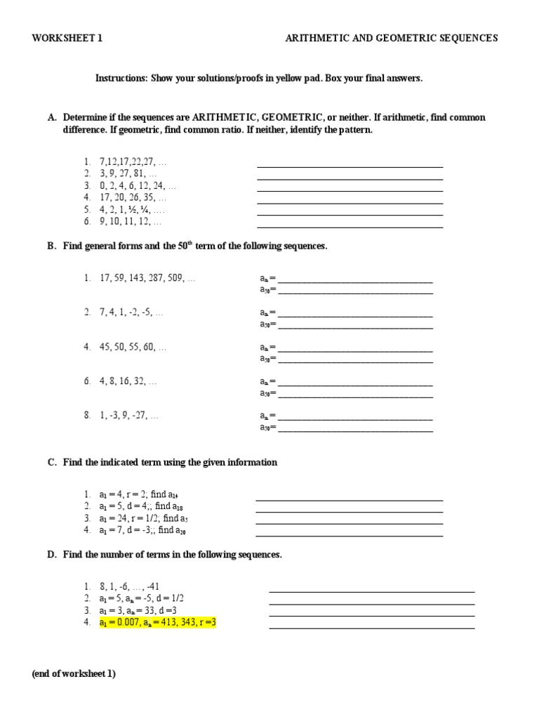 Worksheet 1 Arithmetic and Geometric Sequences | PDF | Summation ...