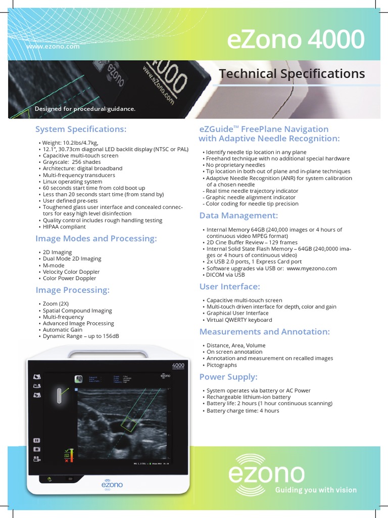 eZono 4000 Technical Specifications | PDF | Video | Medical Ultrasound
