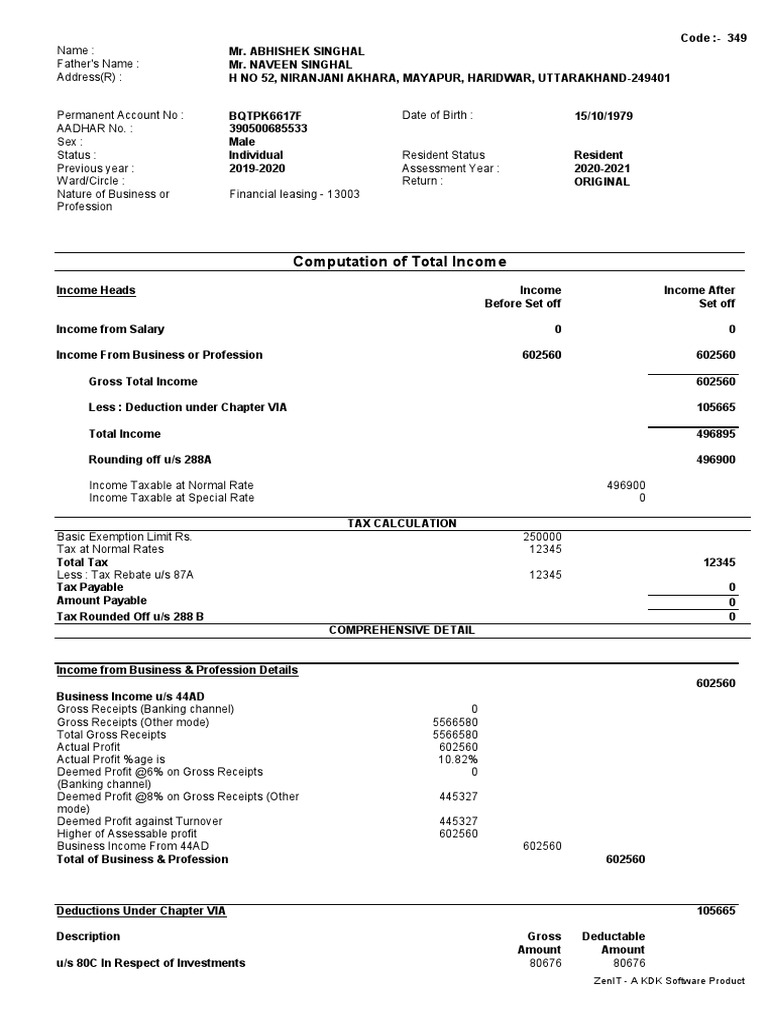 Computation of Total Income: Zenit - A KDK Software Product | PDF ...