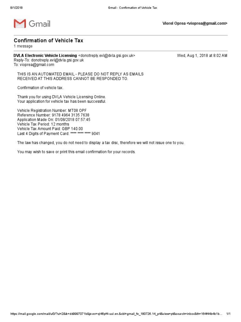 Gmail - Confirmation of Vehicle Tax | PDF