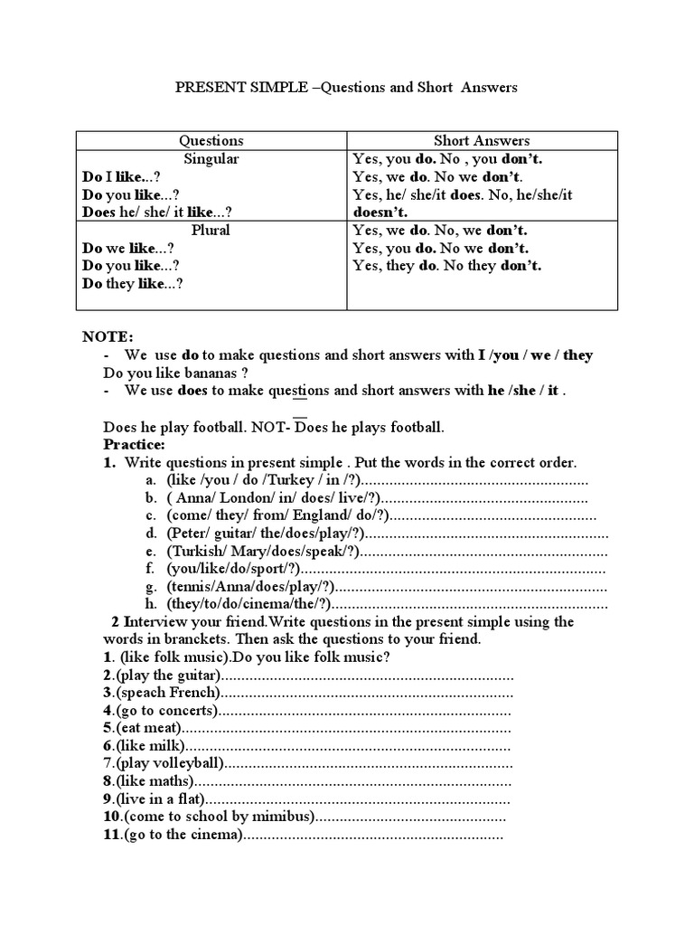 Present Simple - Doc Questions and Short Answers | PDF | Linguistics ...