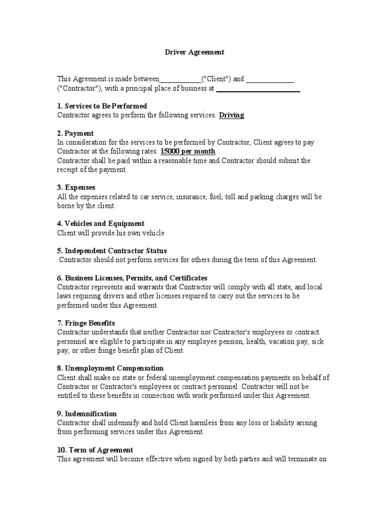 Driver Agreement. | PDF | Independent Contractor | Indemnity